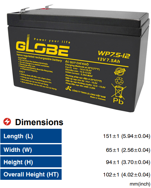ẮC QUY KÍN KHÍ (VRLA AGM) GLOBE 12V-7.5AH (20HR), WP7.5-12, F1 - MINH HUY @ www.powerload.vn